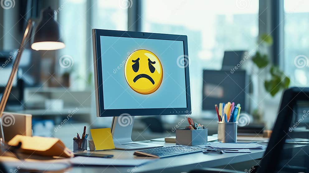 Computer Displaying Sad Face Emoji on Screen, Modern Office Background ...
