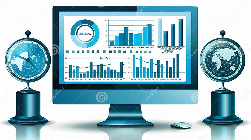 A Computer Displaying Various Blue Graphs and Charts, Flanked by Two ...