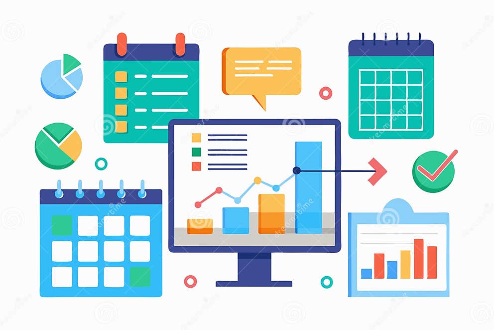 A Computer Displays Charts and Graphs Alongside Calendars and Checklists for Planning Tasks ...