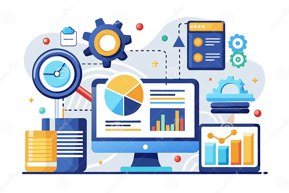 A Computer Displays Statistical Reports and Database Analysis, Showcasing Automation with Charts ...