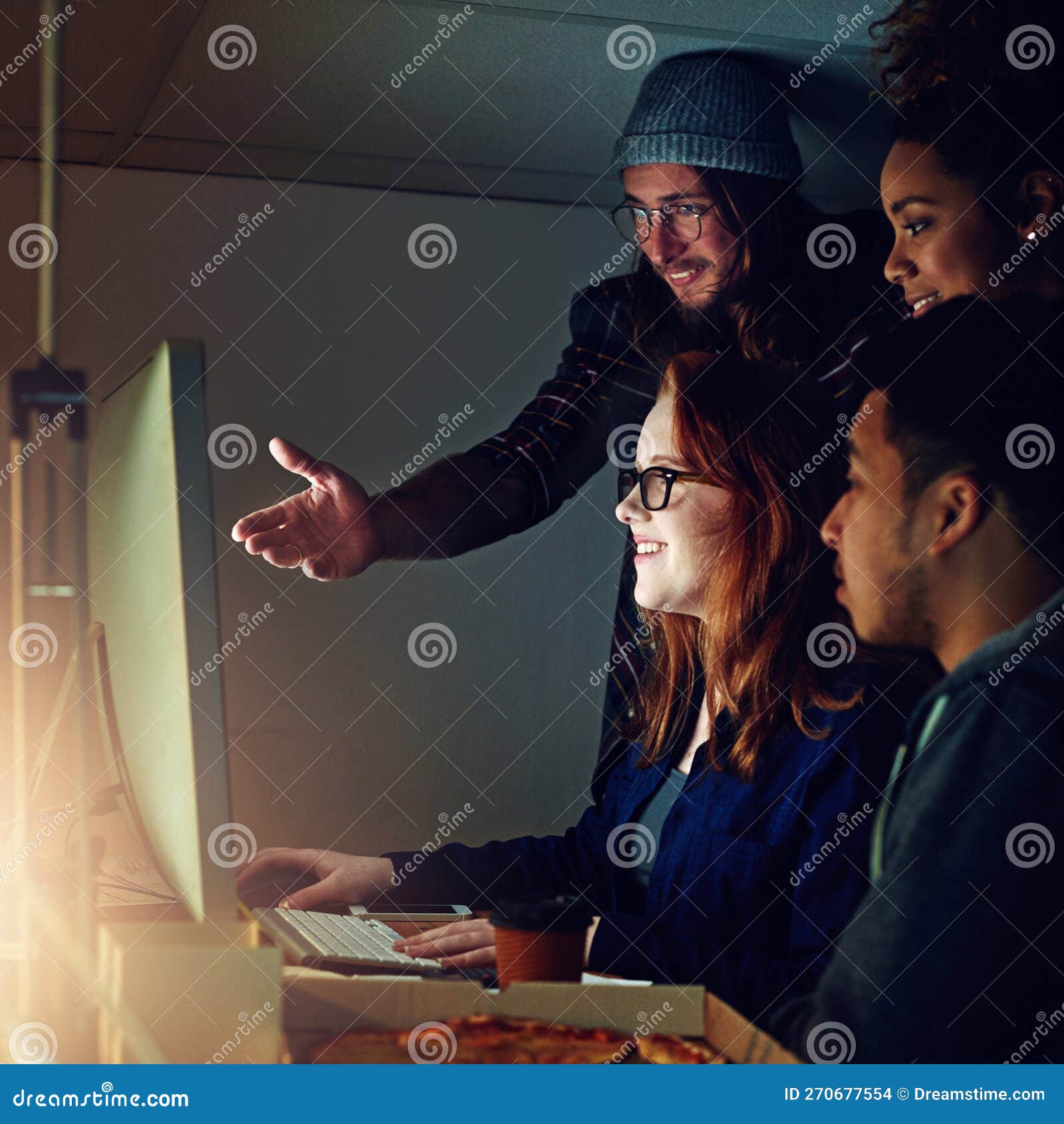 Computer, Diversity and Night Team Gesture at Html Code, Cybersecurity System or Programming App ...