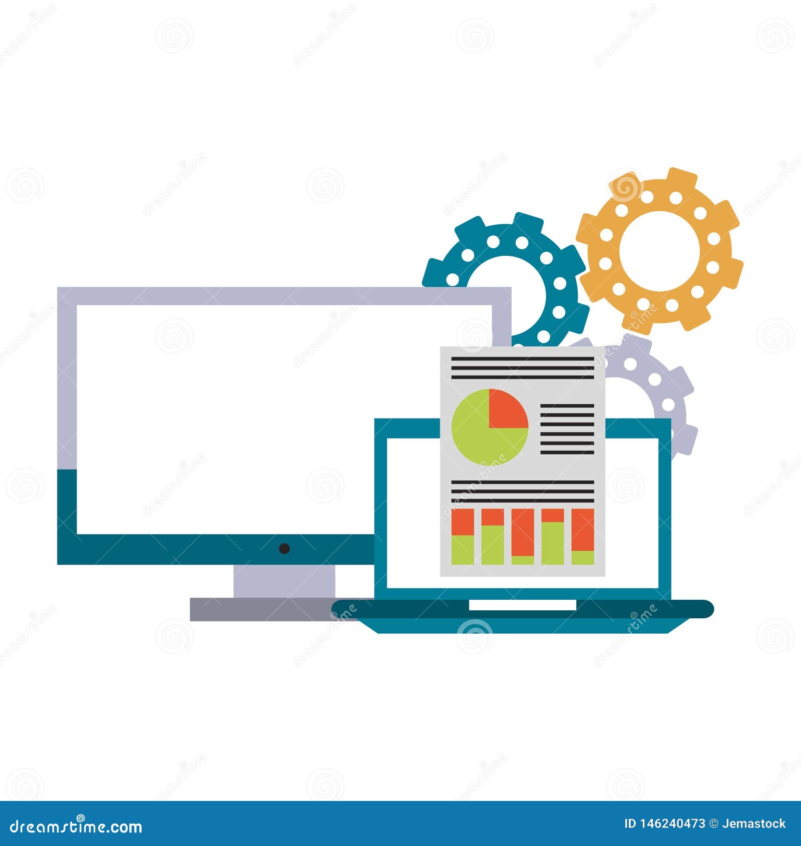 Computer with Documents and Gears Stock Vector - Illustration of ...