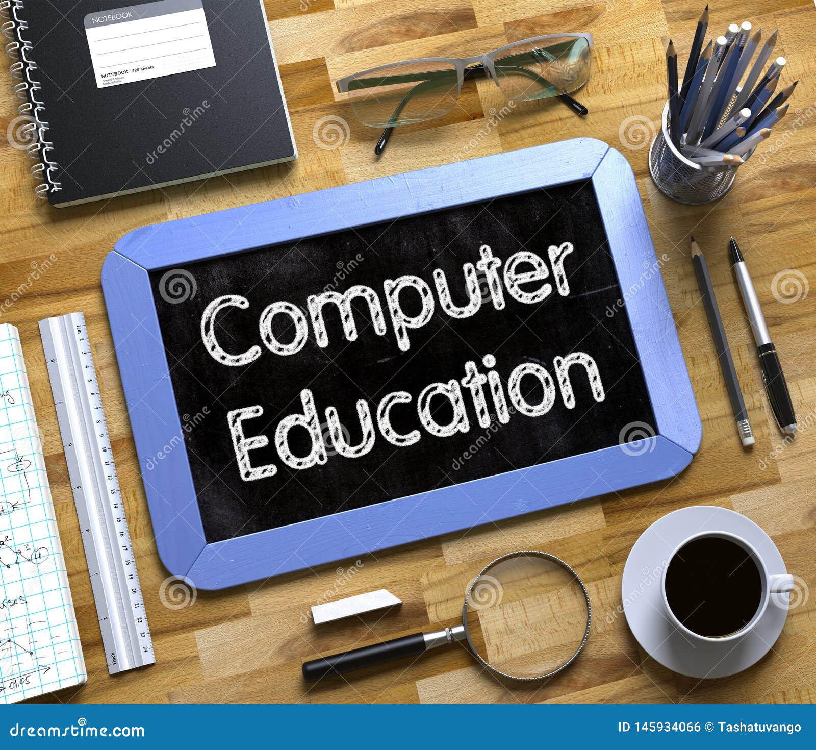 Computer Education on Small Chalkboard. 3D Render. Stock Illustration ...