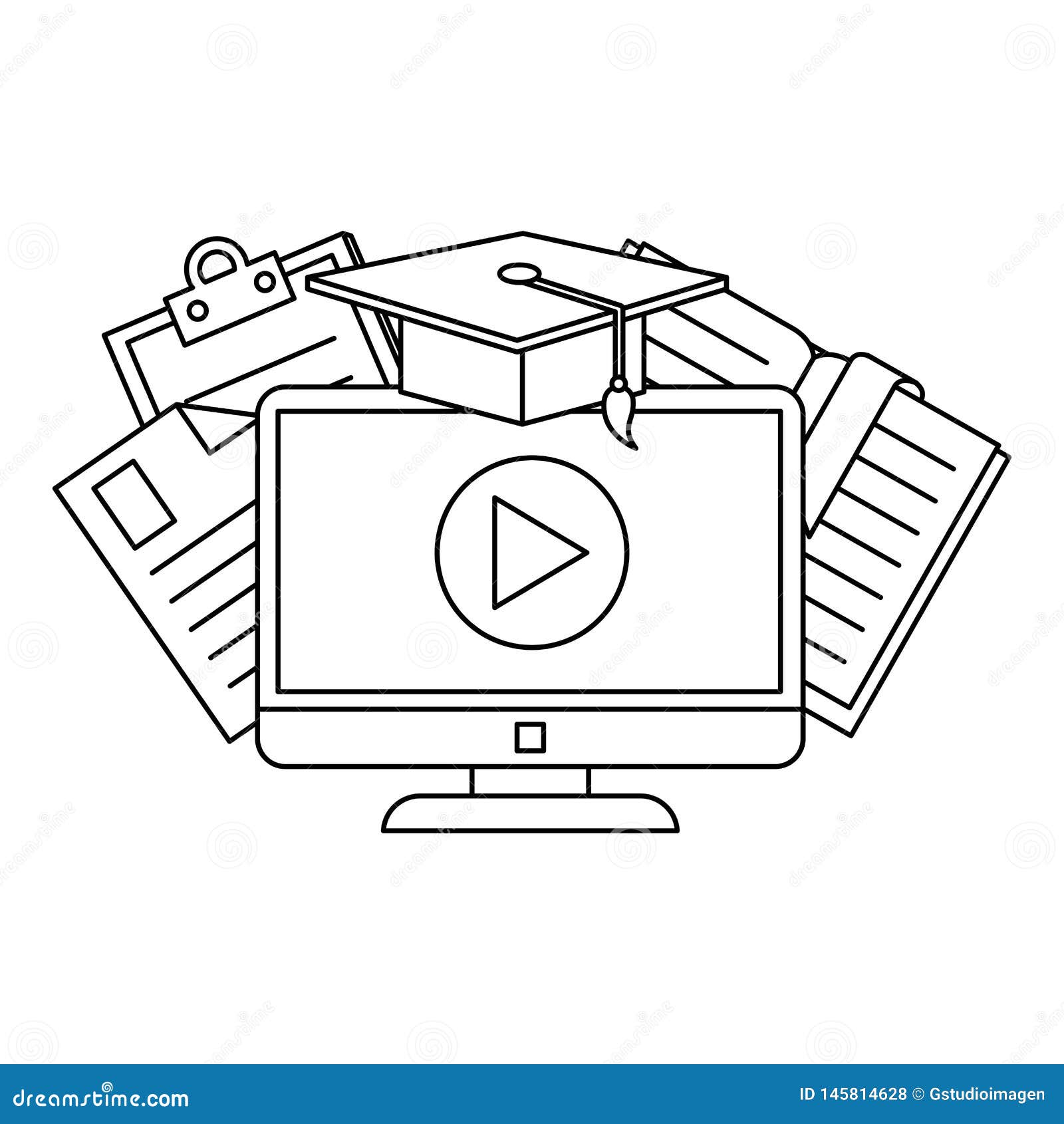 Computer with Elearning Icons Stock Illustration - Illustration of ...