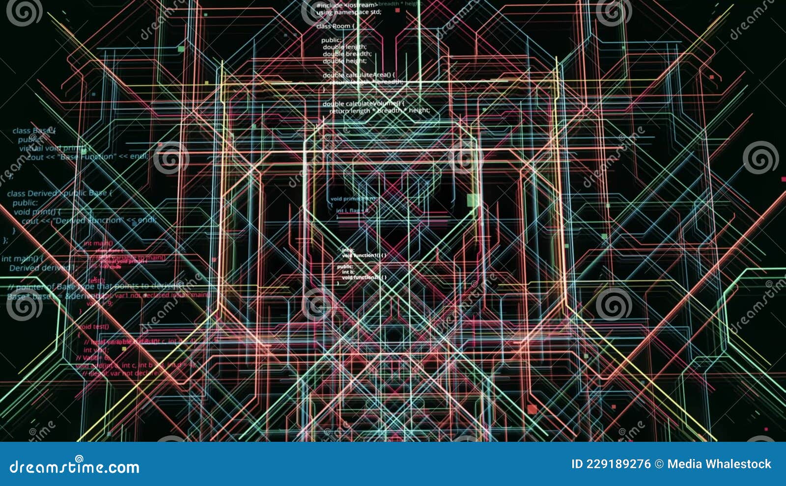 Computer Electronic Circuit with Codes. Motion. Colored Lines Move ...