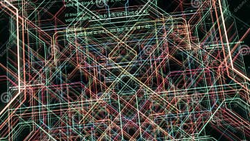 Computer Electronic Circuit with Codes. Motion. Colored Lines Move ...