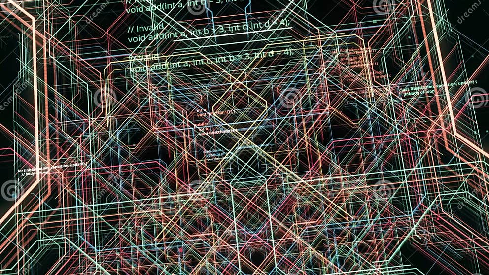 Computer Electronic Circuit with Codes. Motion. Colored Lines Move ...