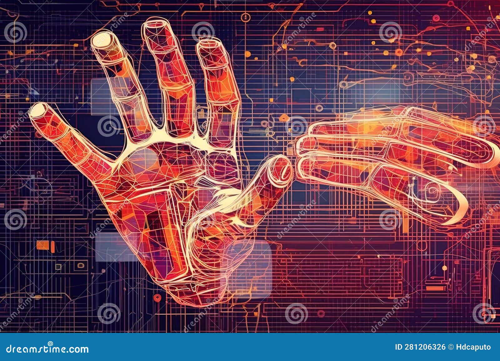 Computer Electronics. Imaginary Open Palm Contact Screen with Shiny ...