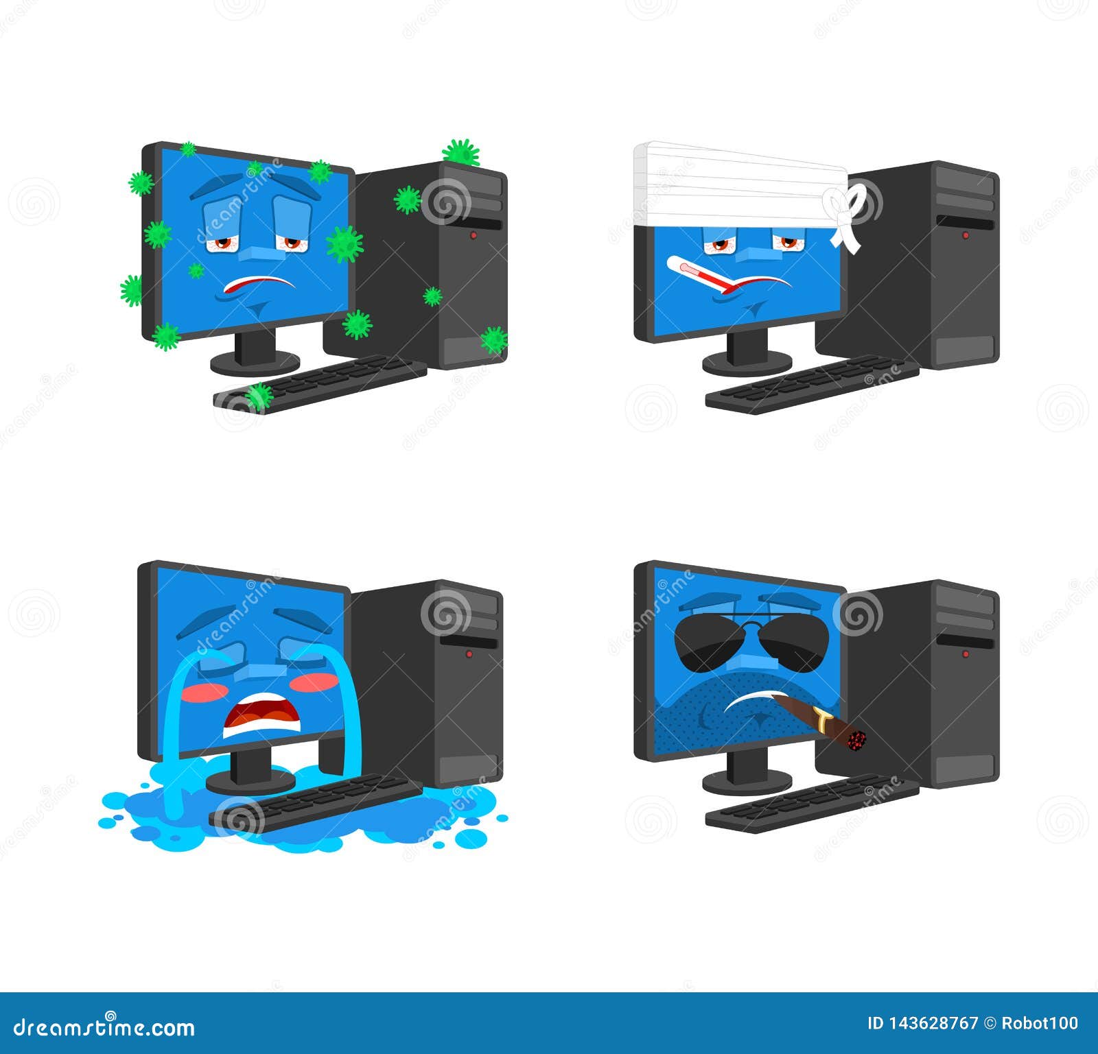 Computer Emoji Set. PC Sick And Sad. Bandaged And Brutal. Data ...