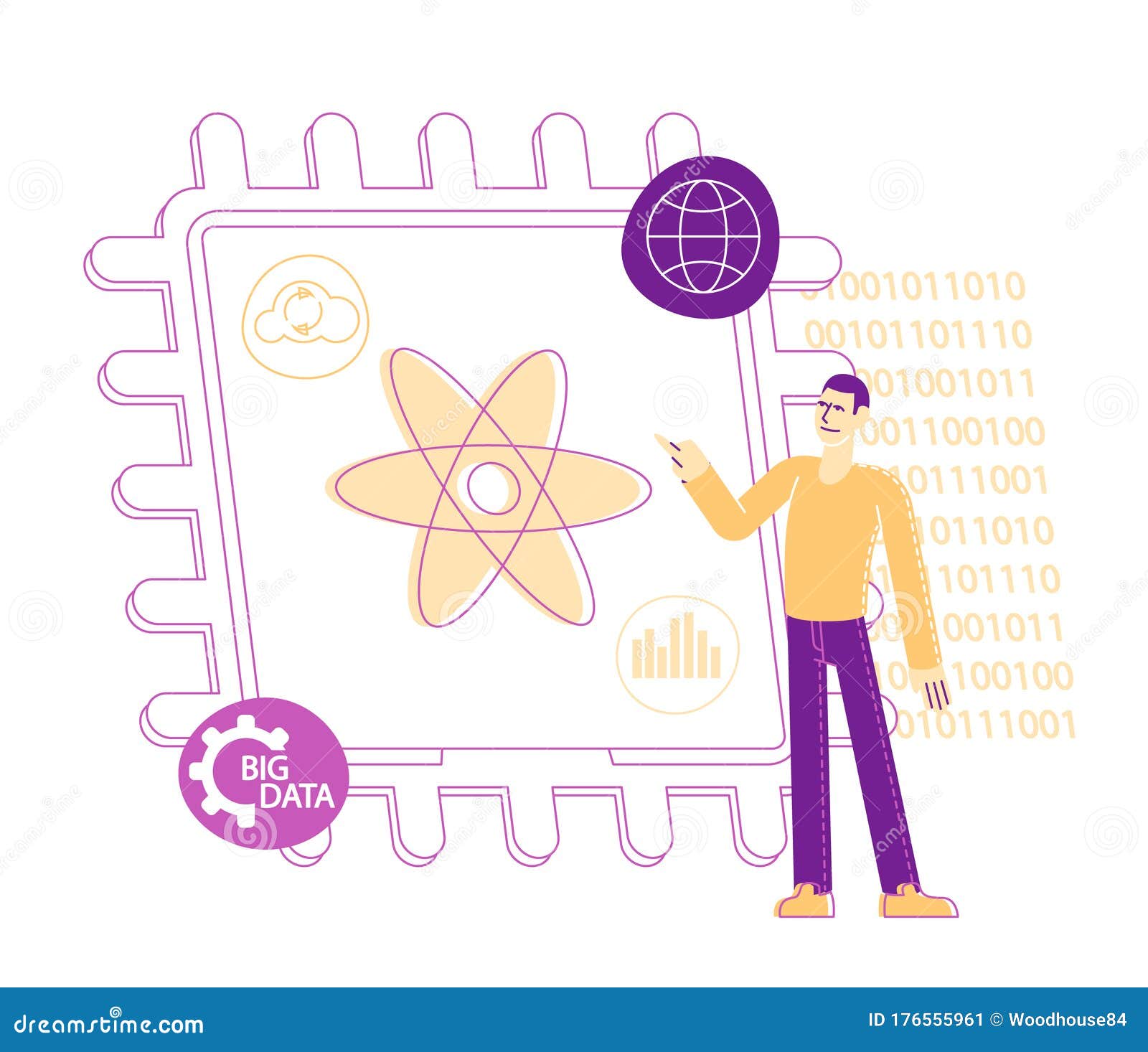 Computer Engineer Male Character Pointing on Atom Symbol at Huge ...