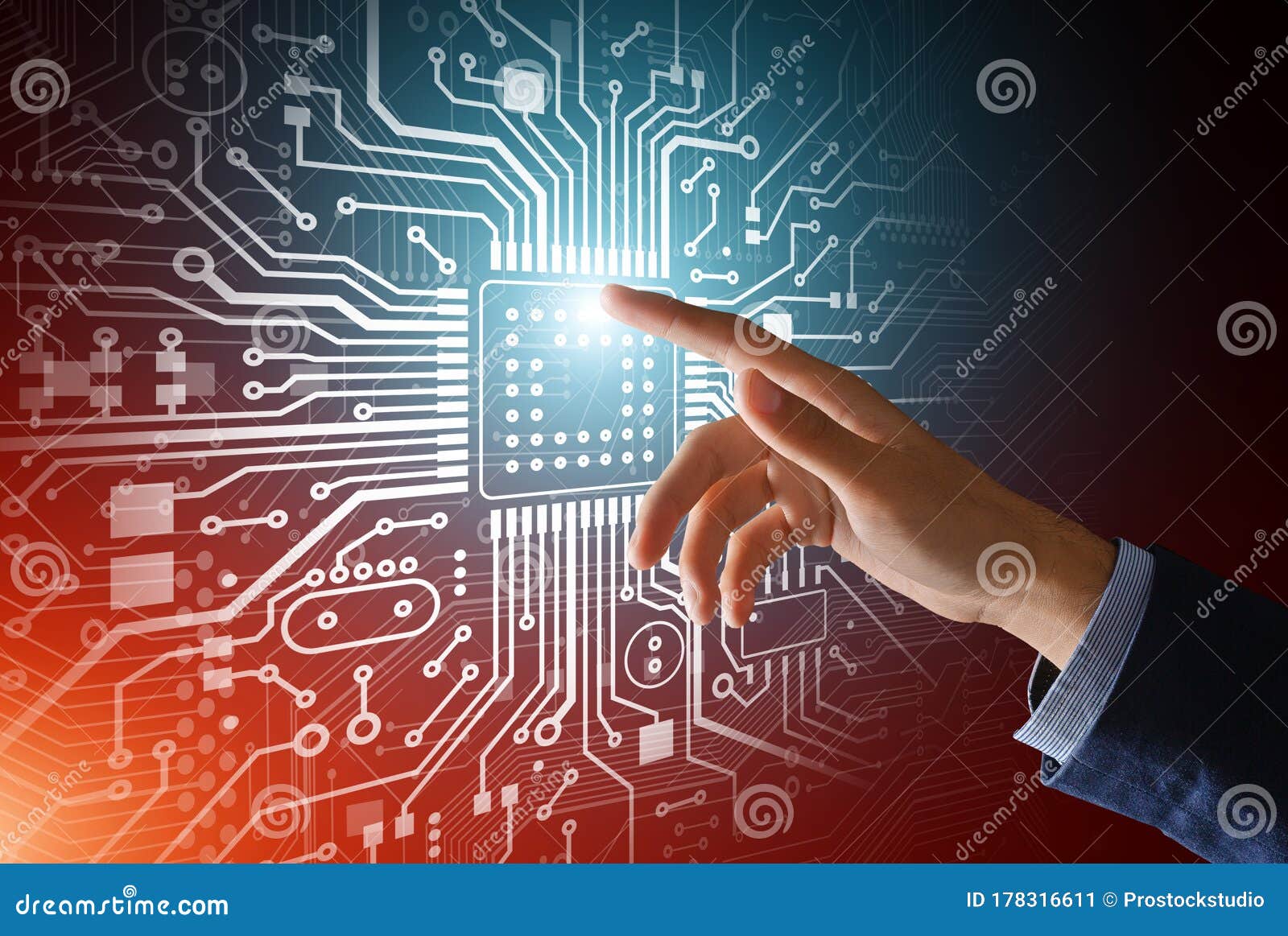 Computer Engineer Pressing Shiny Microchip on Circuit Board, Collage ...
