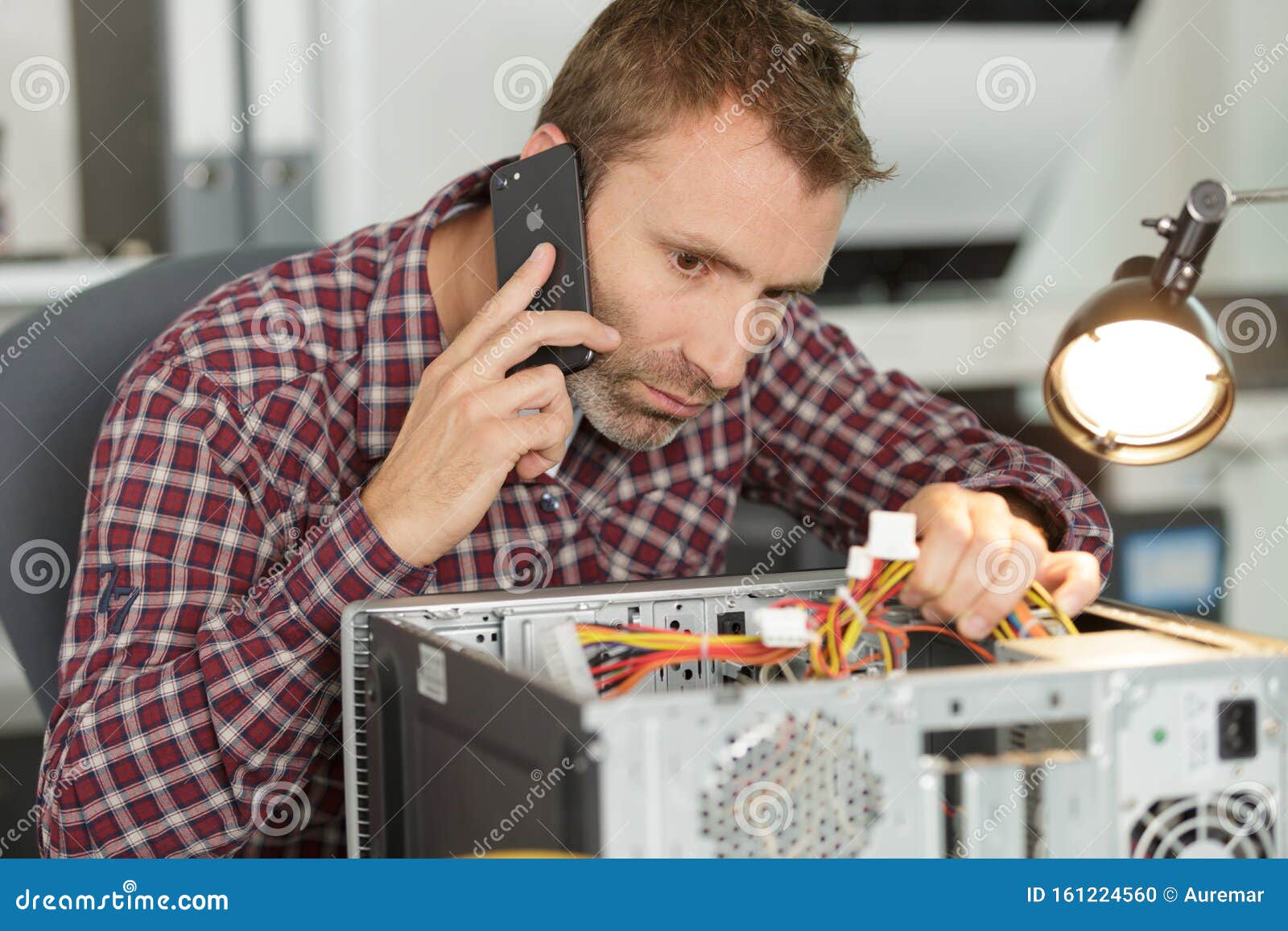 Computer Engineer Repairing Broken Desktop on Phone Stock Photo - Image ...