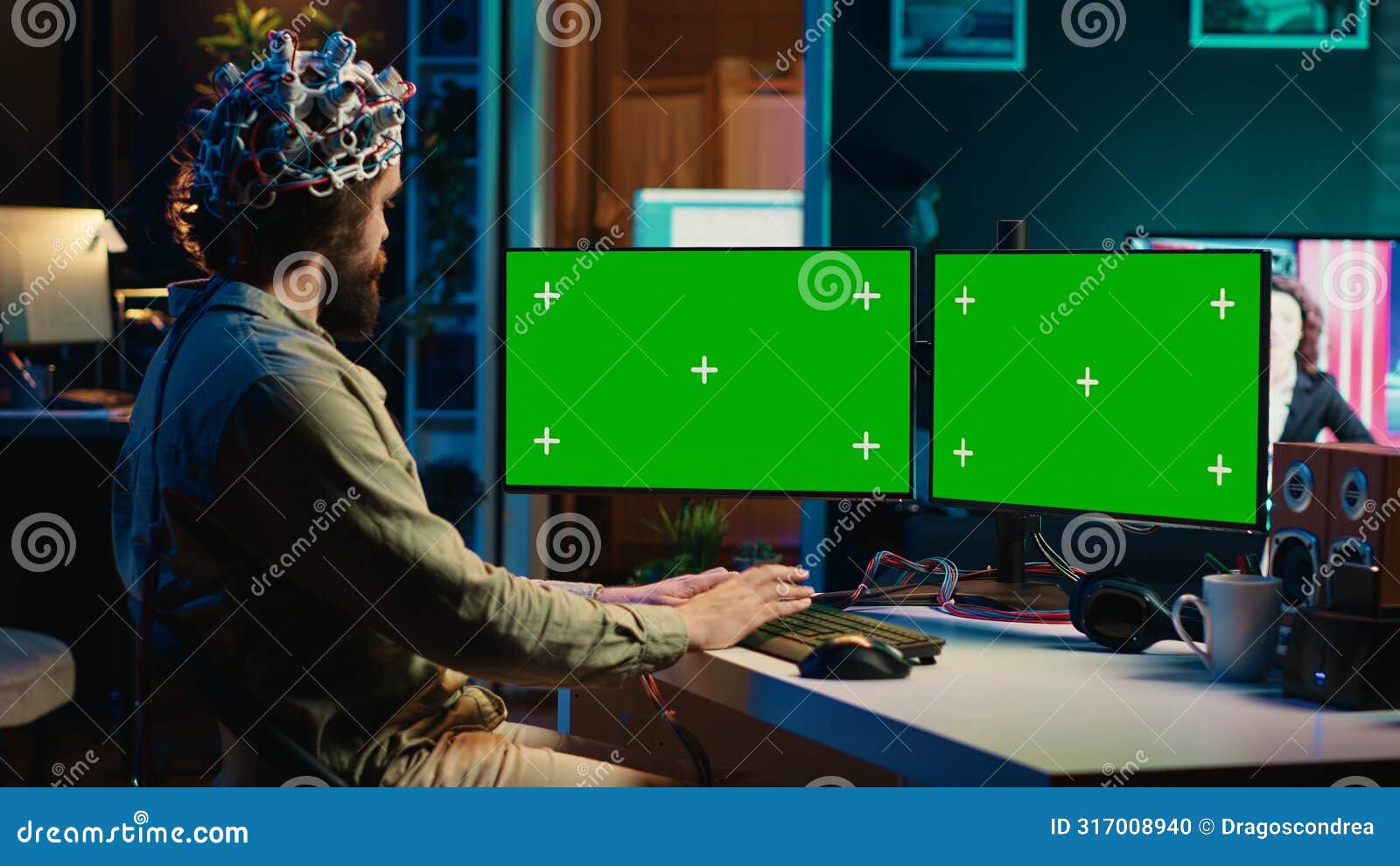 Computer Engineer Starting Mind Upload Process Using Green Screen PC Stock Photography ...