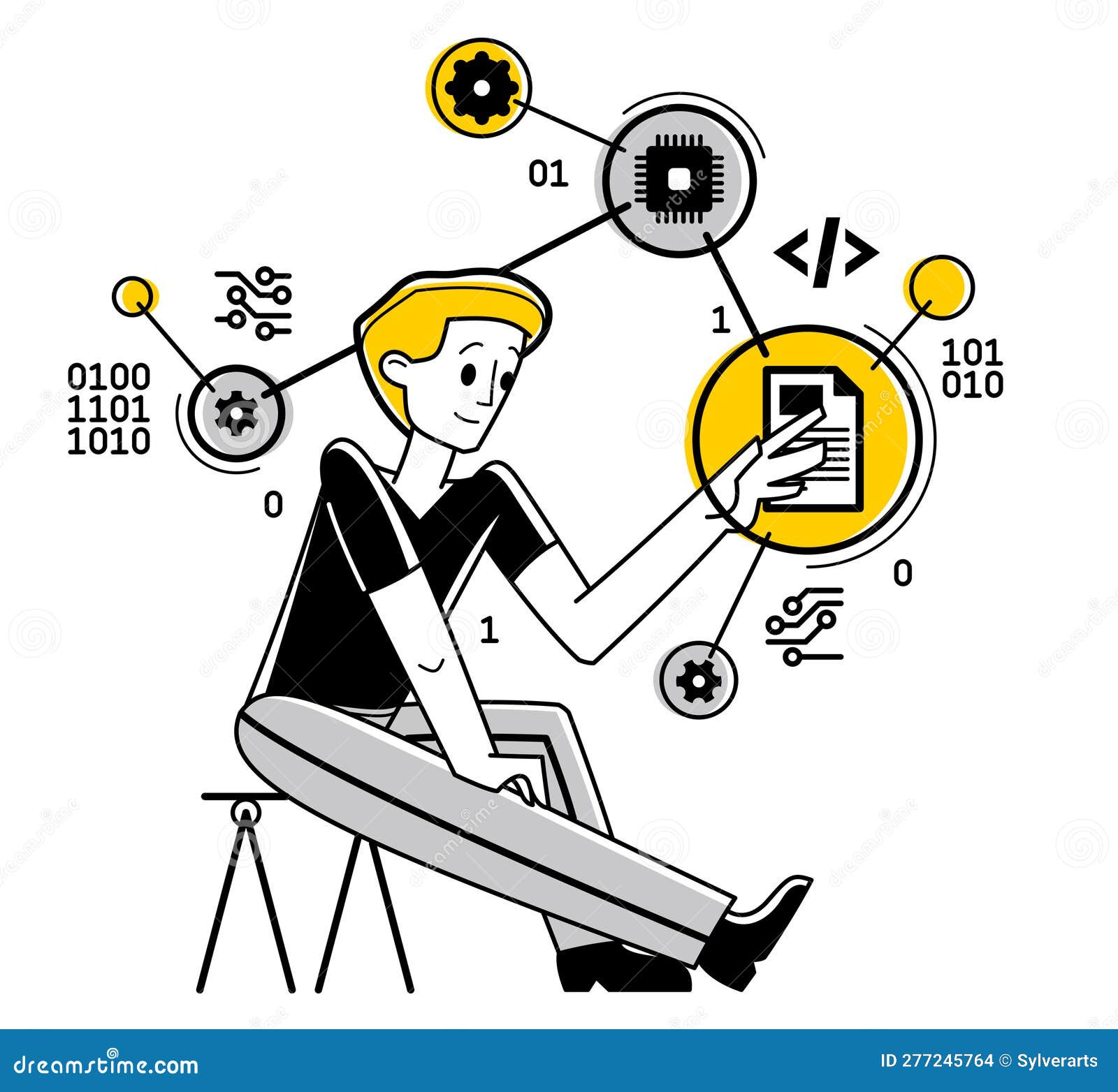 Computer Engineer in Work Vector Outline Illustration, Programmer and ...