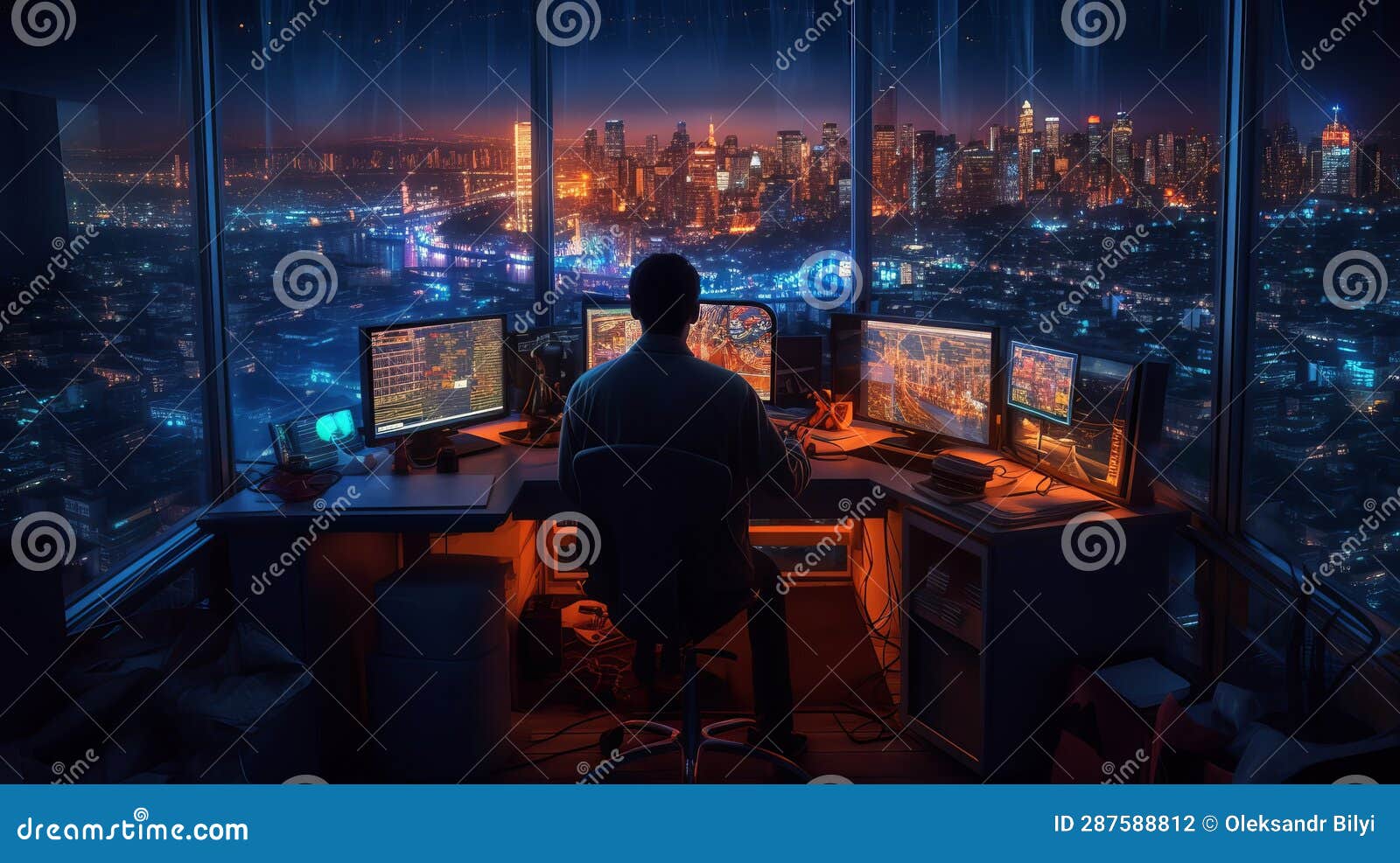 Man Writing in Big Sized Room with Computer Desk Stock Photo - Image of ...