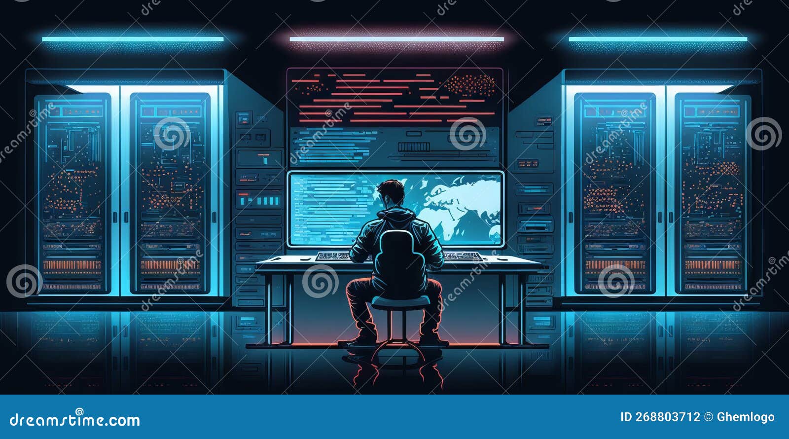 Computer Engineer Working on Laptop Computer with Server Room, Data ...