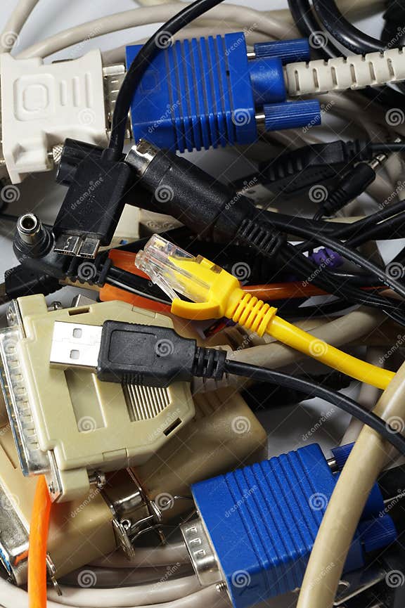 A Tangle of Various Cables and Computer Plugs. Computer Equipment Stock ...