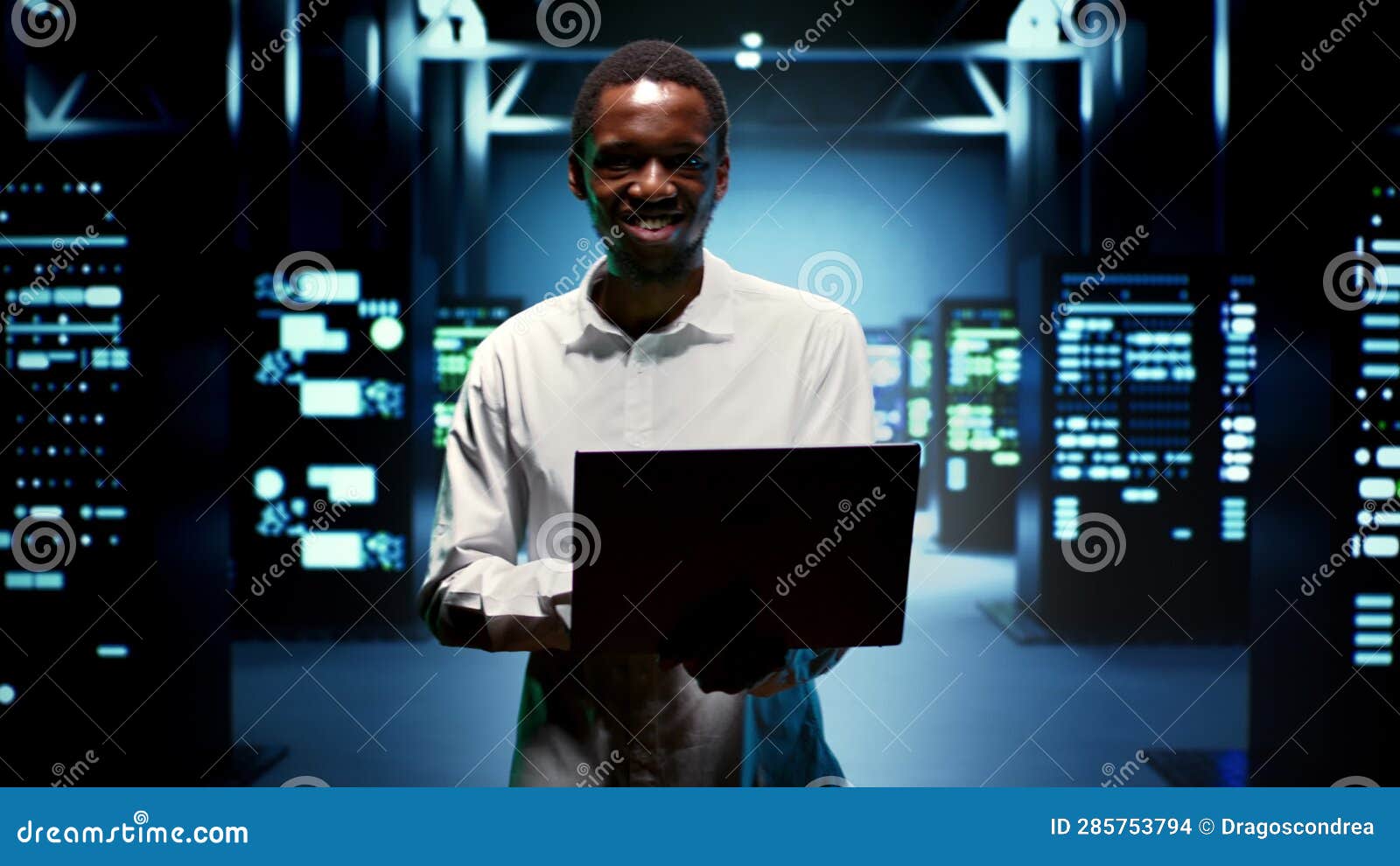 Computer Expert Walking between Servers Stock Footage - Video of server ...
