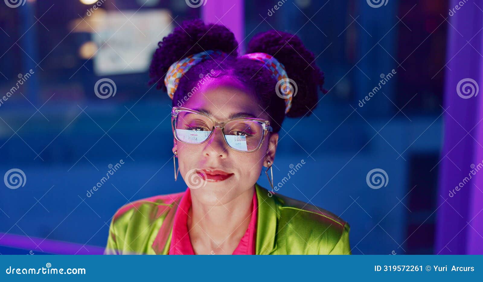 Computer, Face and Neon with Programmer Woman in Office at Night for ...