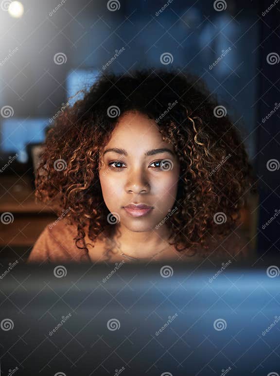 Computer, Face and Night with Woman Coder in Office for Web Development Deadline. Coding ...