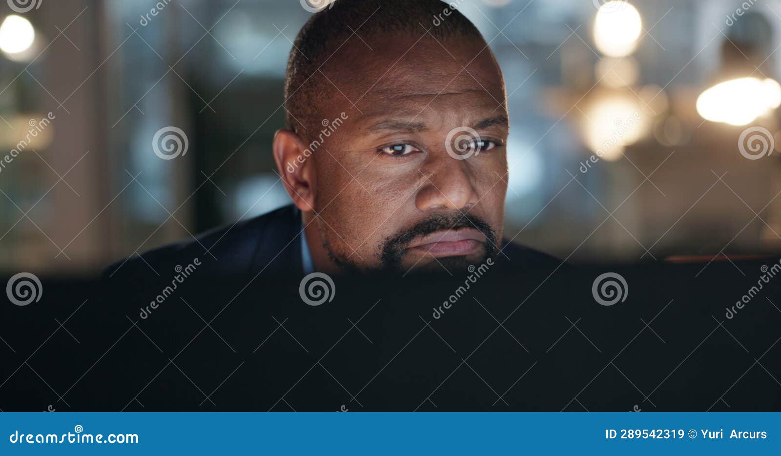 Computer, Face and Problem Solving with a Manager Black Man at Work in ...