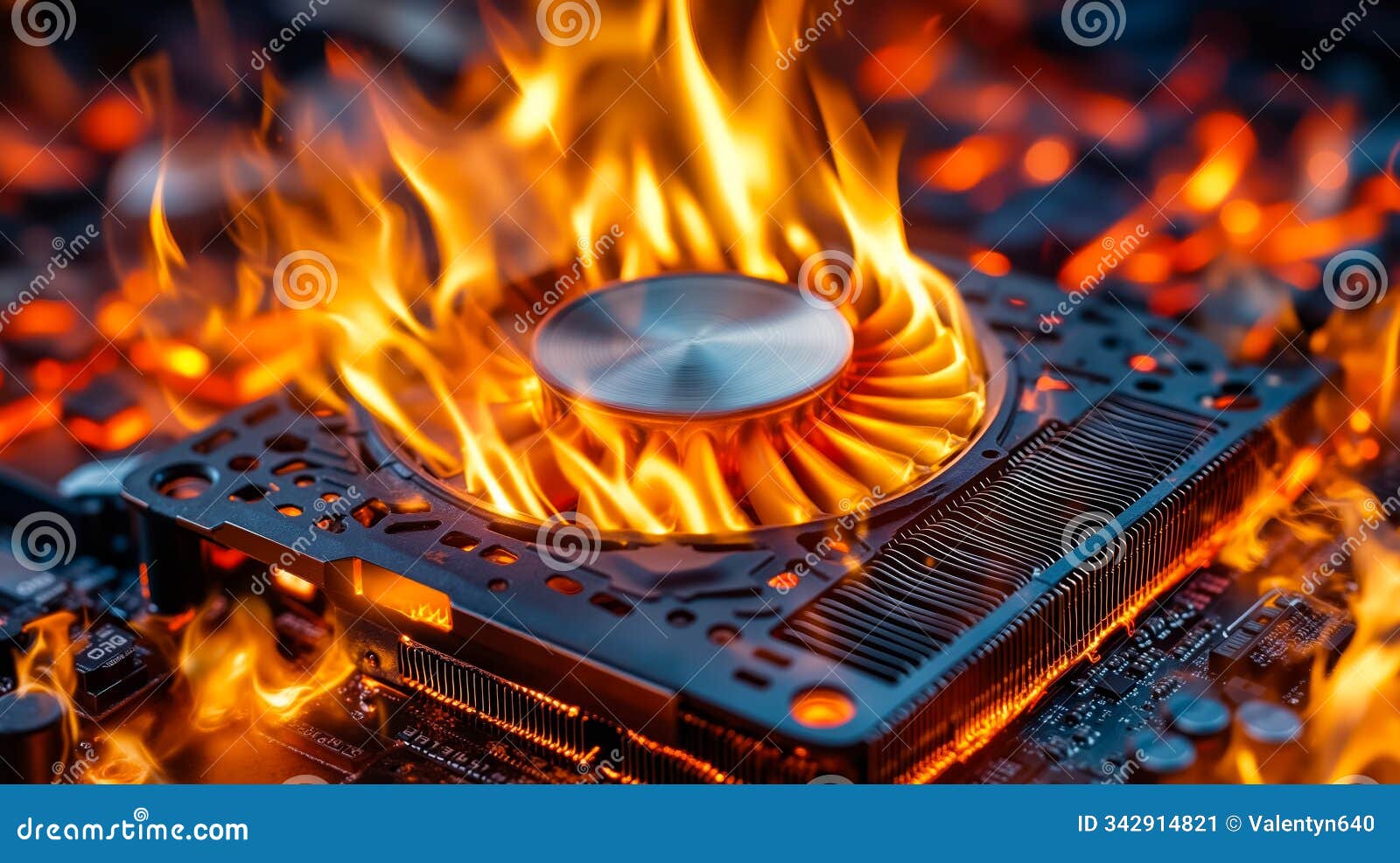 A Computer Motherboard on Fire with a Fan on Top of it Stock Image ...