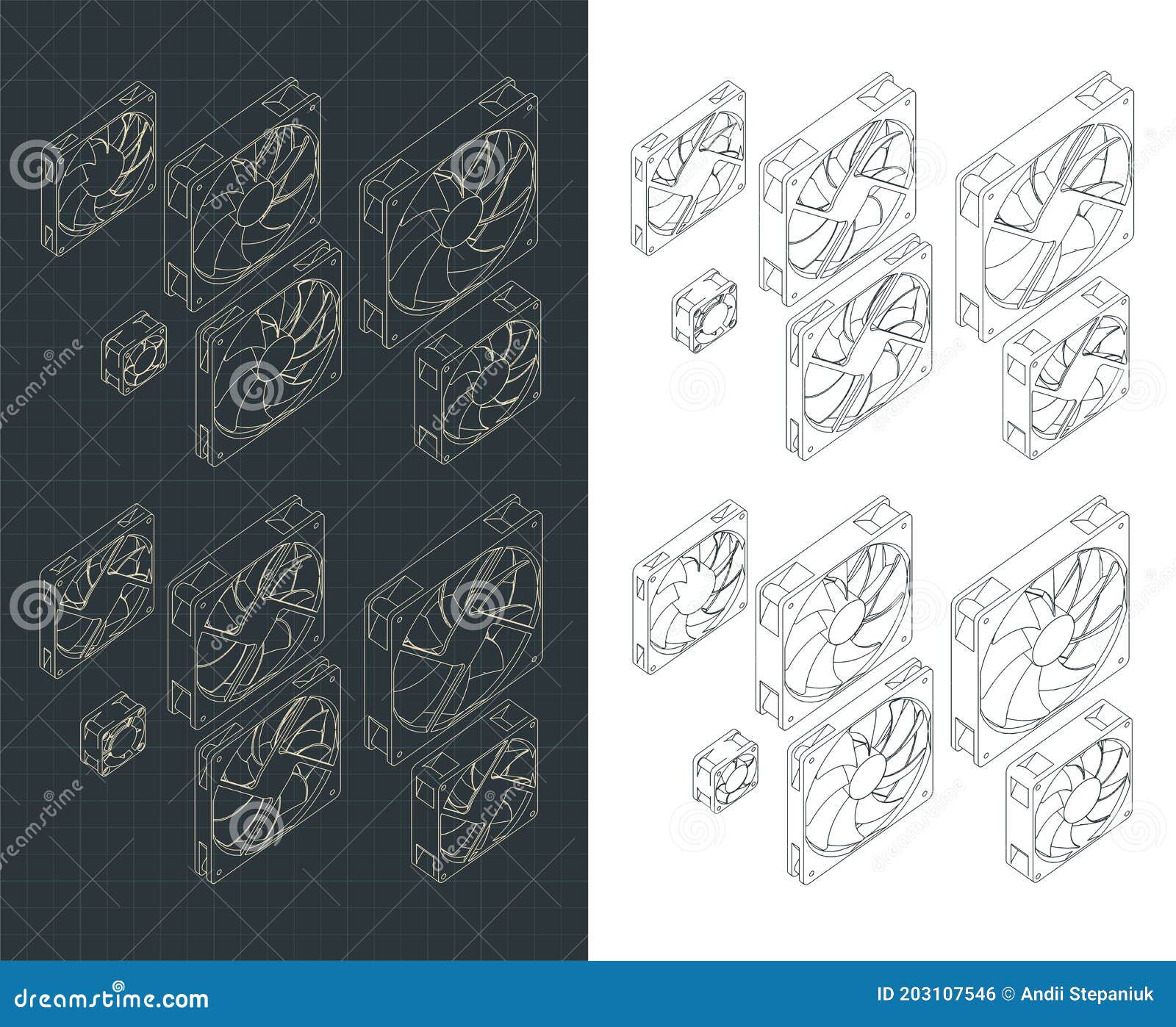 Computer Fans Isometric Drawings Set Stock Vector - Illustration of ...