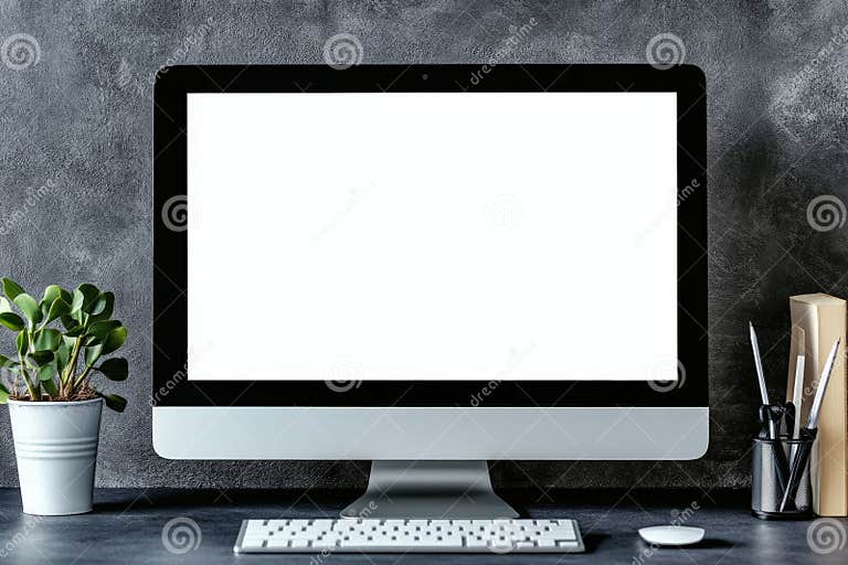 A Computer Featuring a Bright White Screen is Placed on a Wooden Desk ...