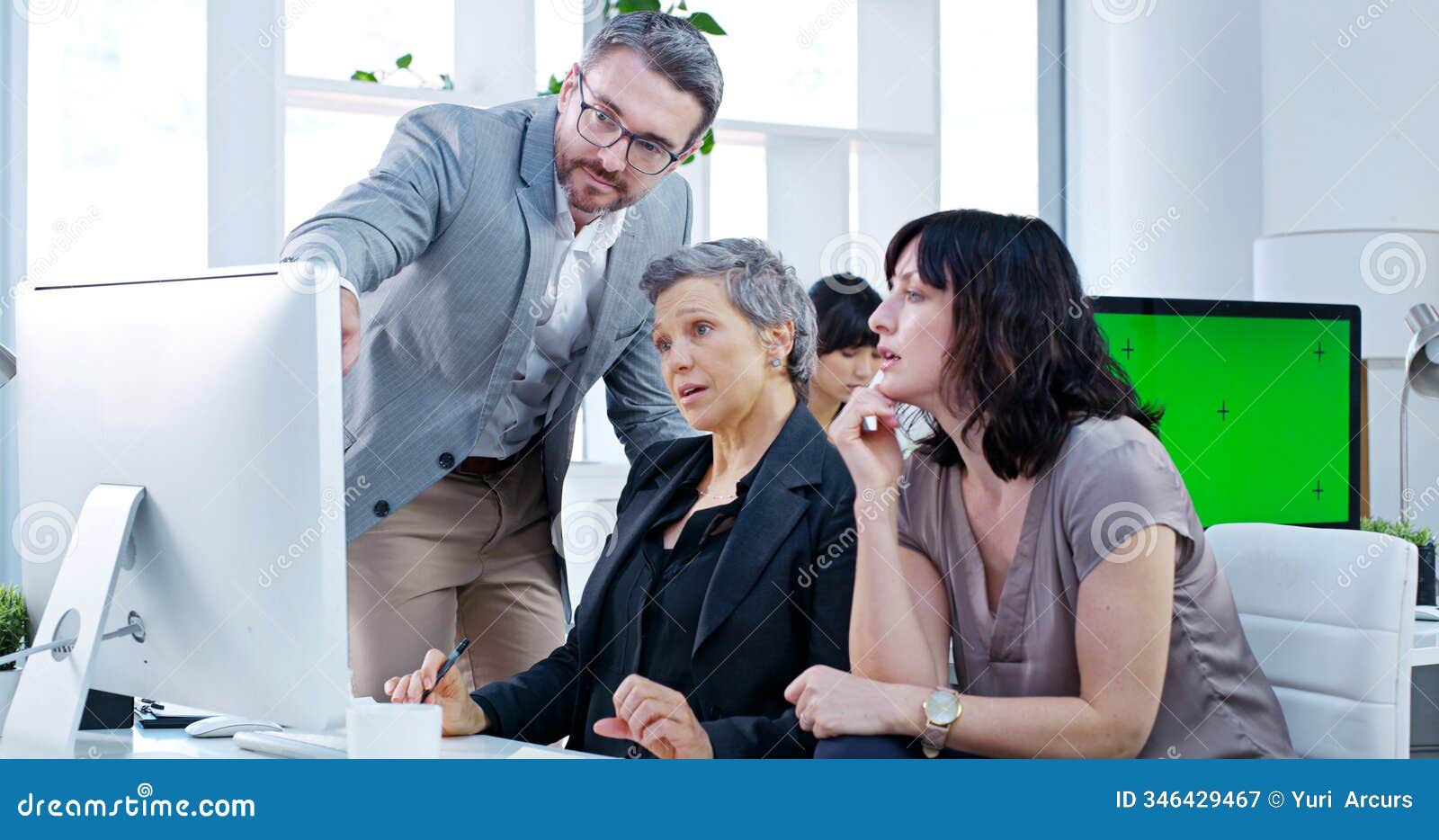 Computer, Feedback and Pointing with Business People in Office Together ...