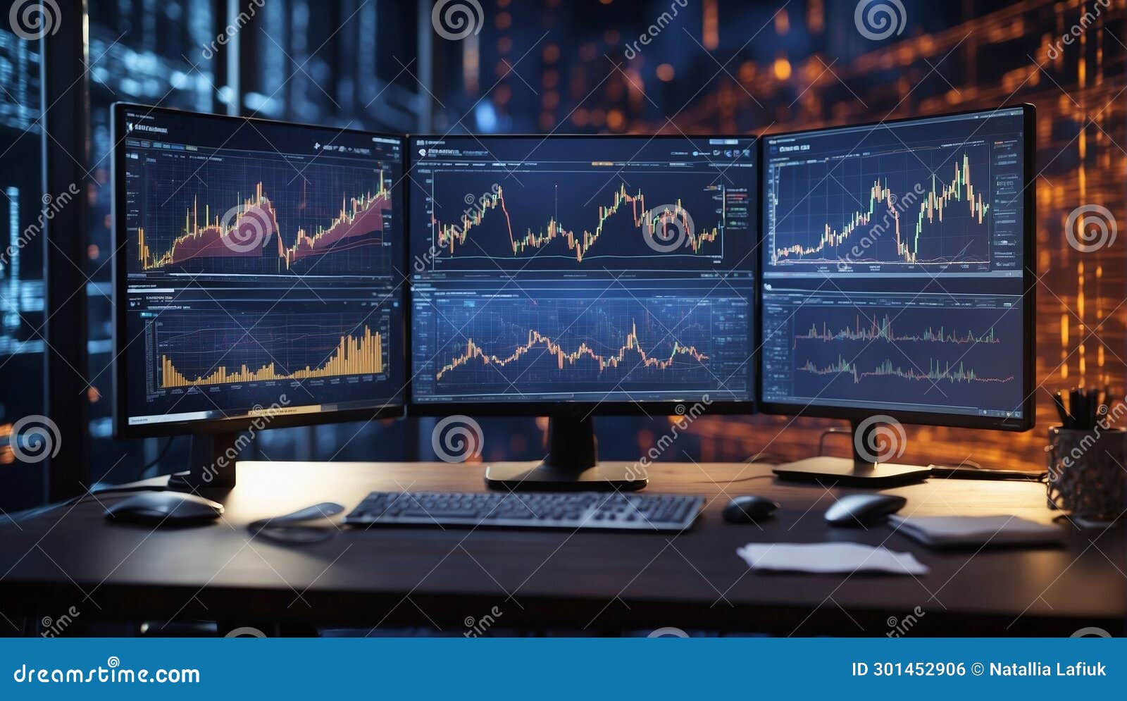 Trading Workplace with Computer Monitors with Abstract Financial Charts ...