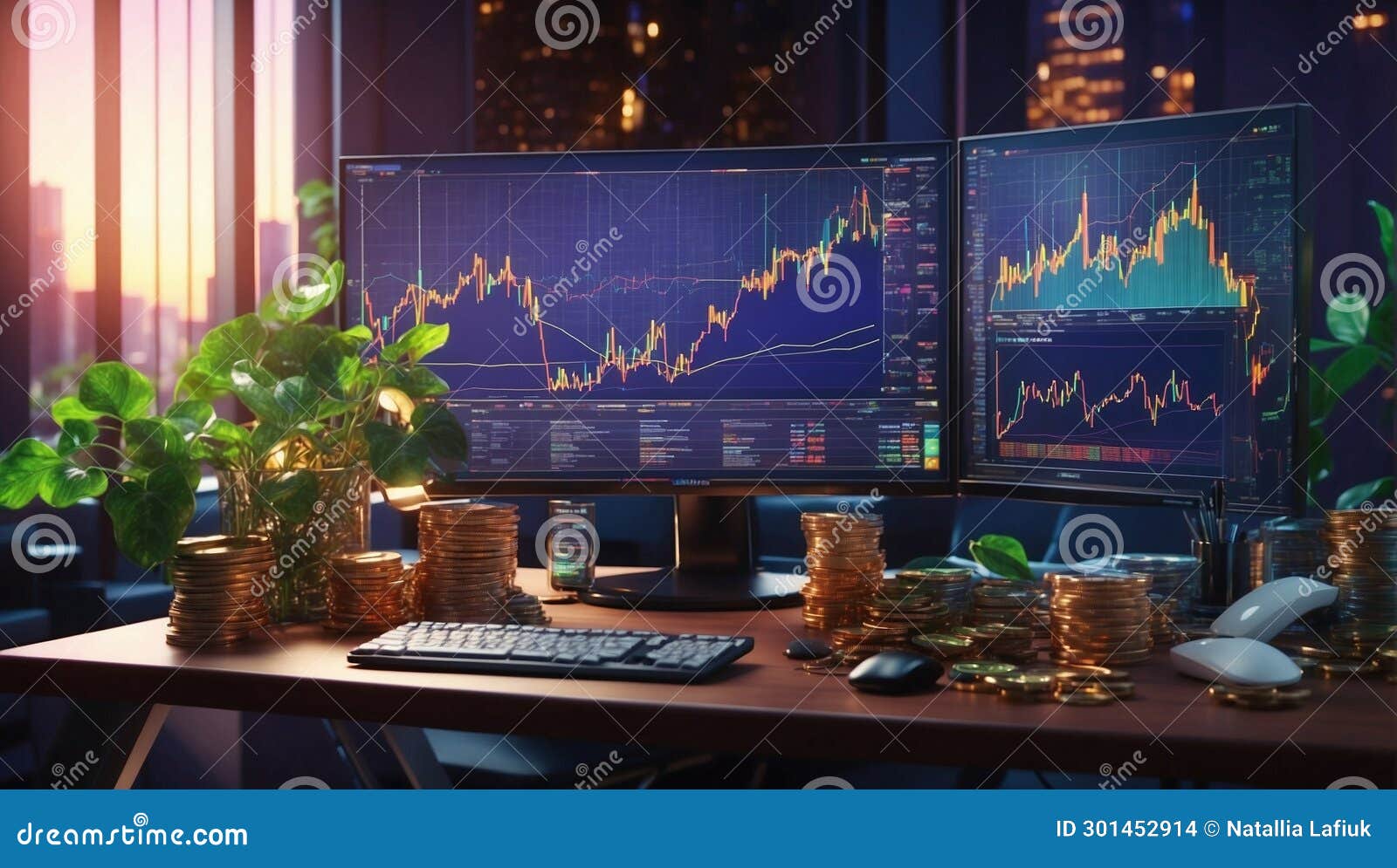 Trading Workplace with Computer Monitors with Abstract Financial Charts ...