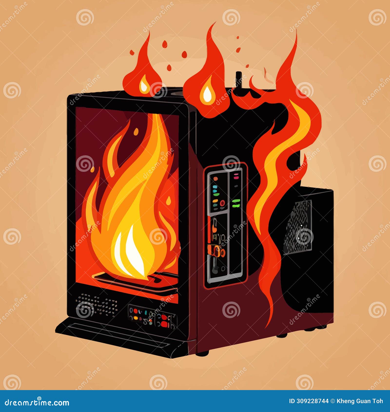 Computer on Fire, Indicating Computer Overheating and Failure, Vector ...