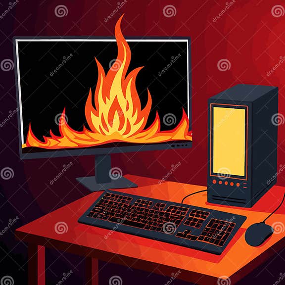 Computer on Fire, Indicating Computer Overheating and Failure, Vector ...