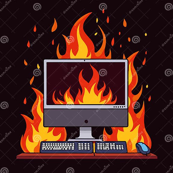 Computer on Fire, Indicating Computer Overheating and Failure, Vector ...