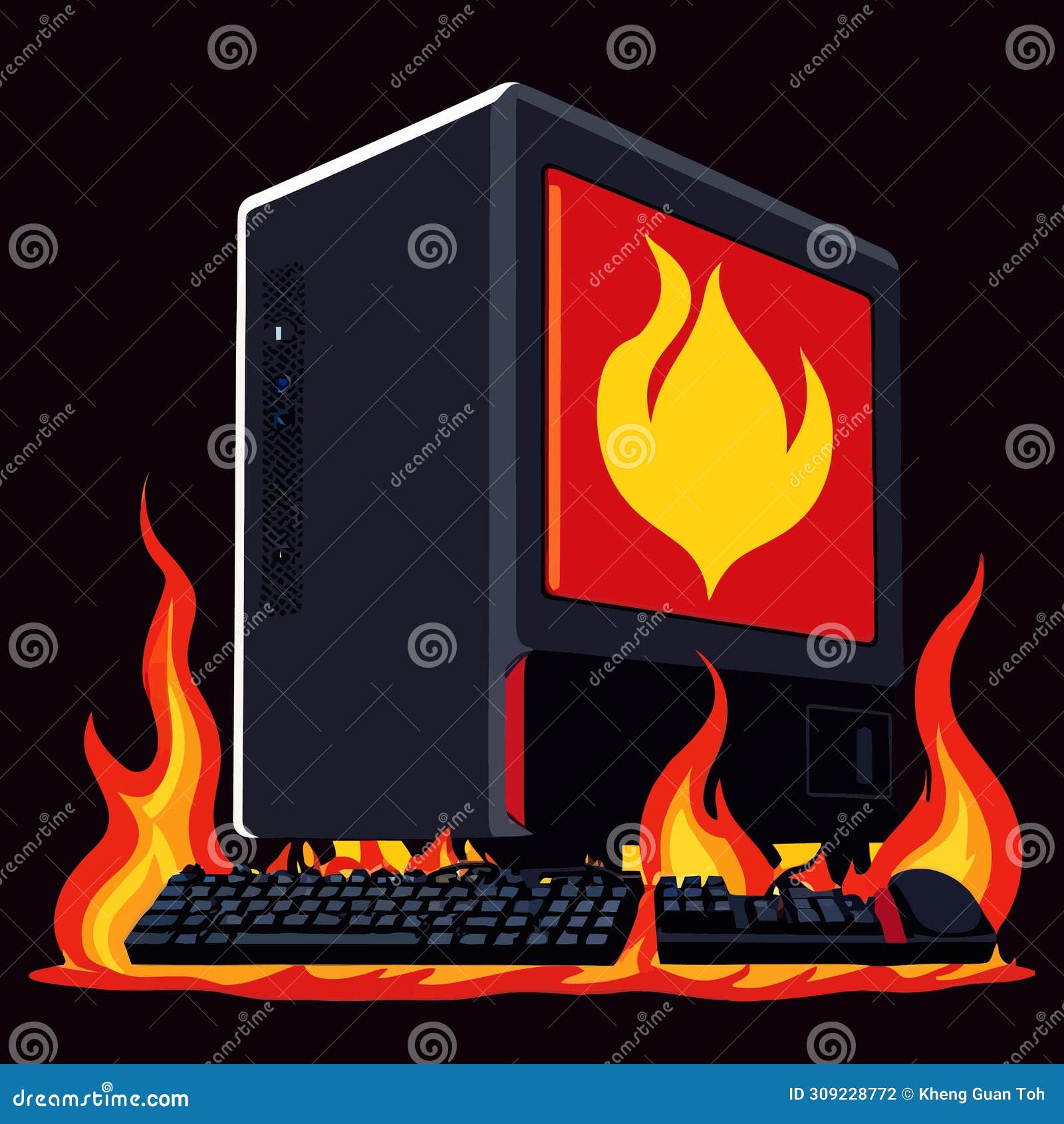Computer on Fire, Indicating Computer Overheating and Failure, Vector ...