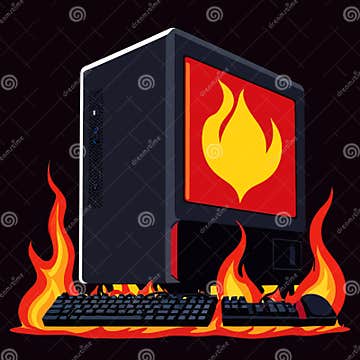 Computer on Fire, Indicating Computer Overheating and Failure, Vector ...