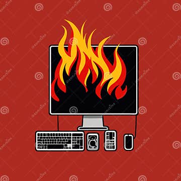 Computer on Fire, Indicating Computer Overheating and Failure, Vector ...