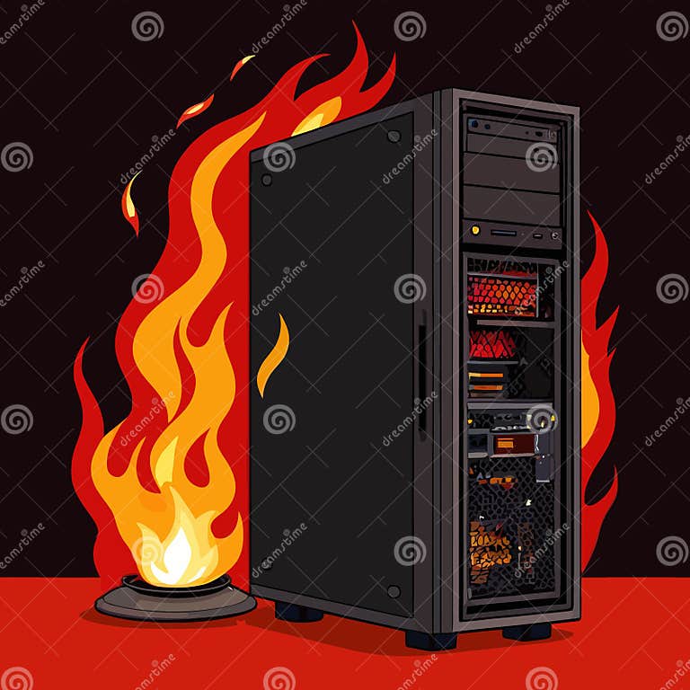 Computer on Fire, Indicating Computer Overheating and Failure, Vector ...