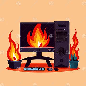 Computer on Fire, Indicating Computer Overheating and Failure, Vector ...
