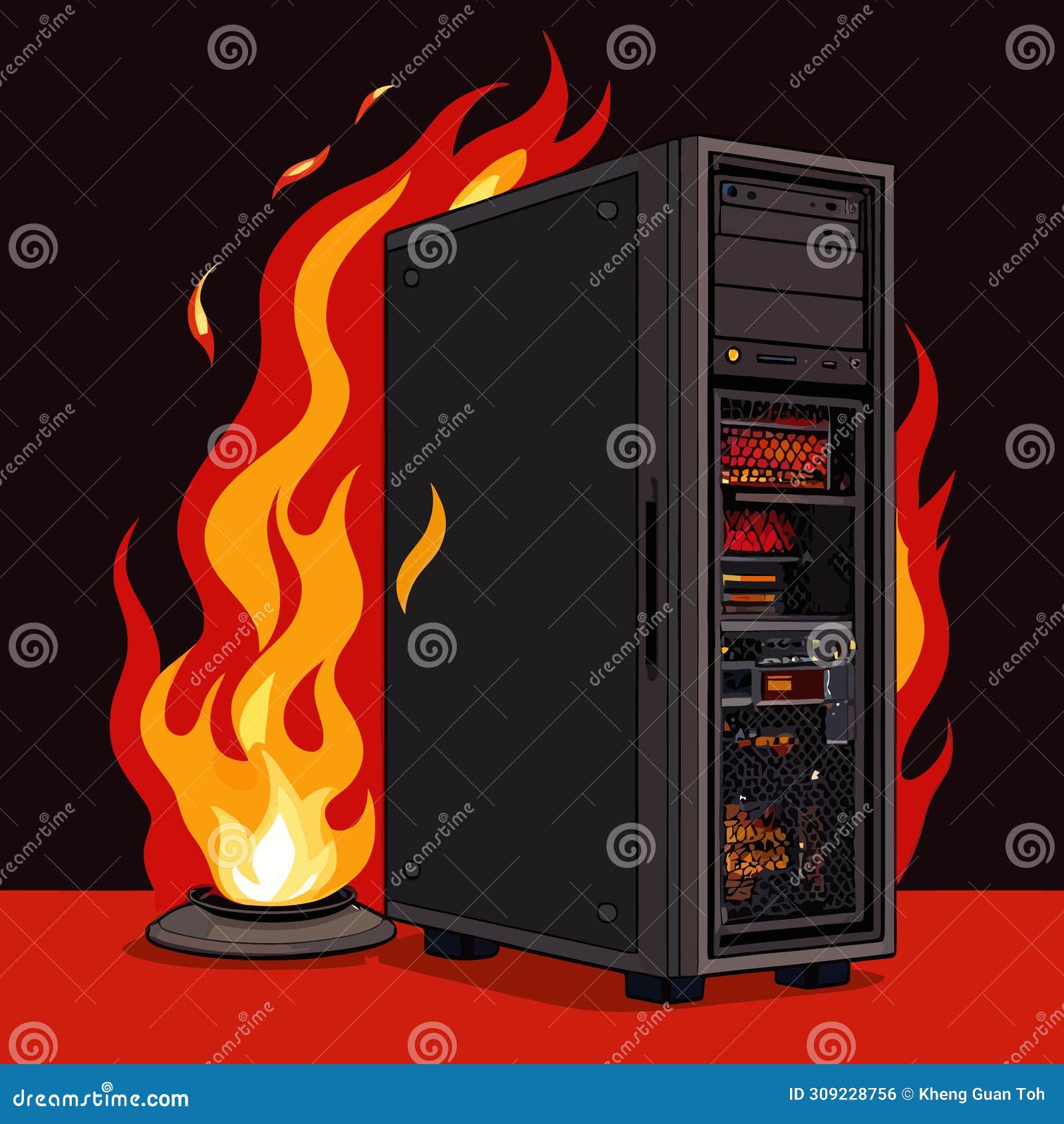 Computer on Fire, Indicating Computer Overheating and Failure, Vector ...