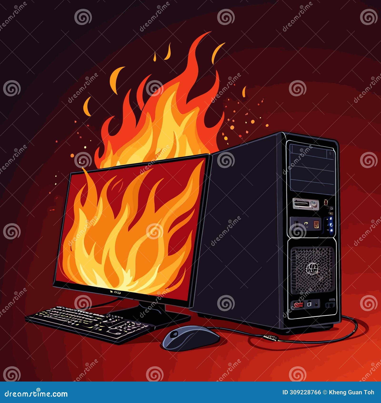 Computer on Fire, Indicating Computer Overheating and Failure, Vector ...