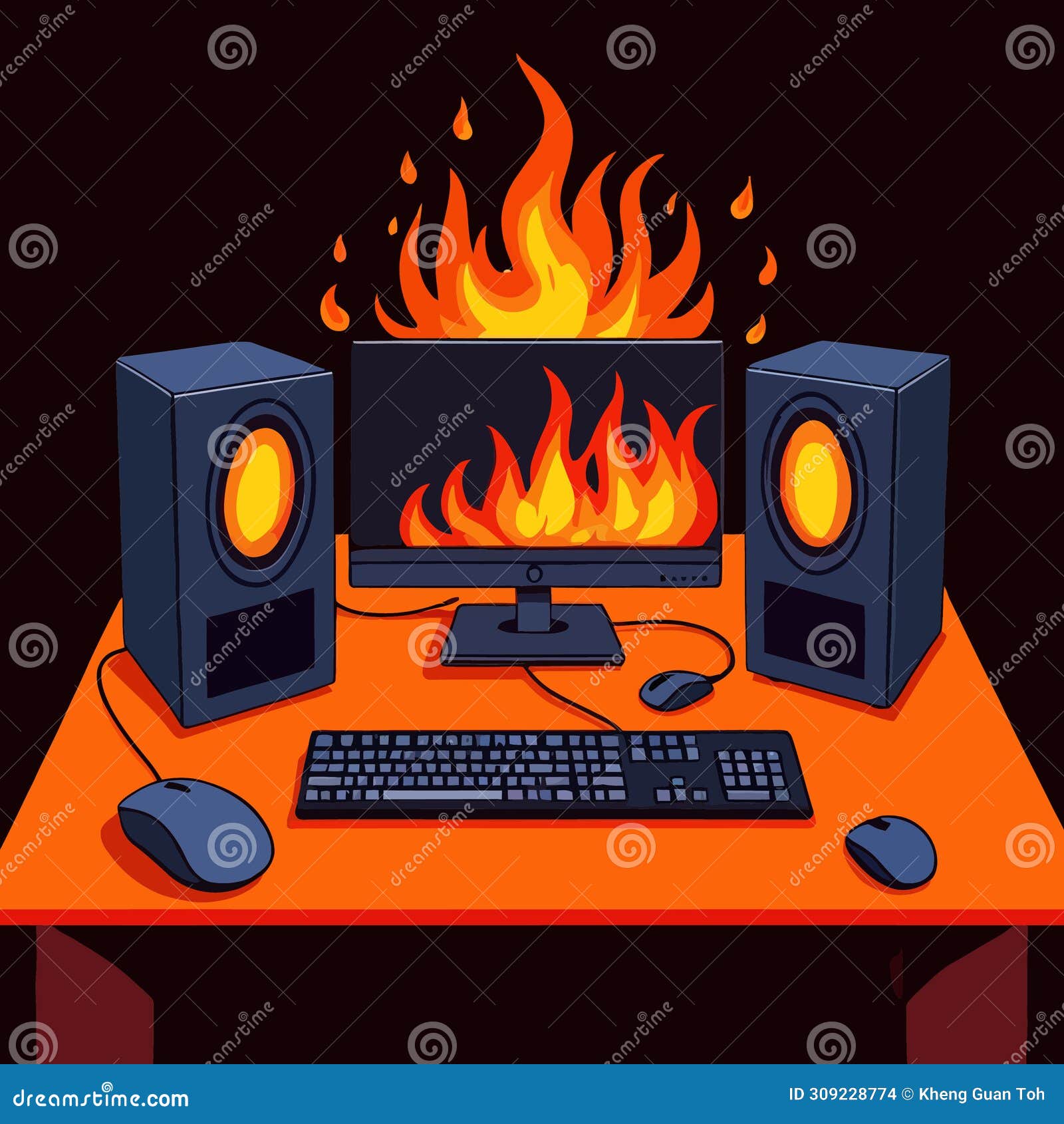 Computer on Fire, Indicating Computer Overheating and Failure, Vector ...