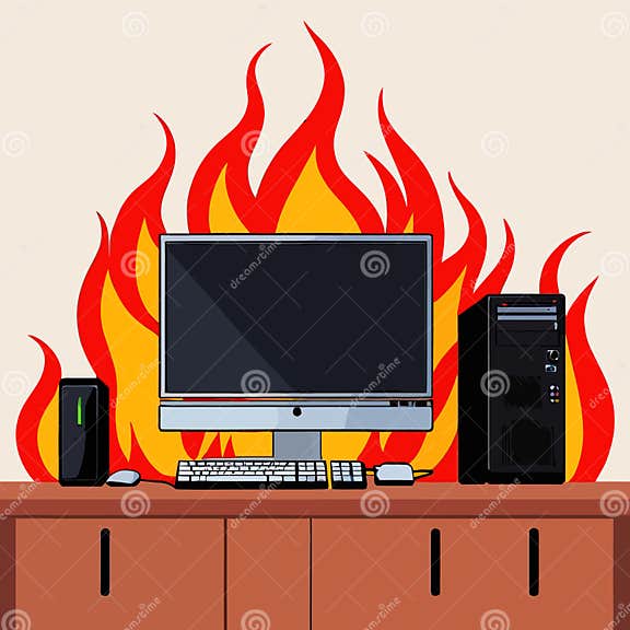 Computer on Fire, Indicating Computer Overheating and Failure, Vector ...
