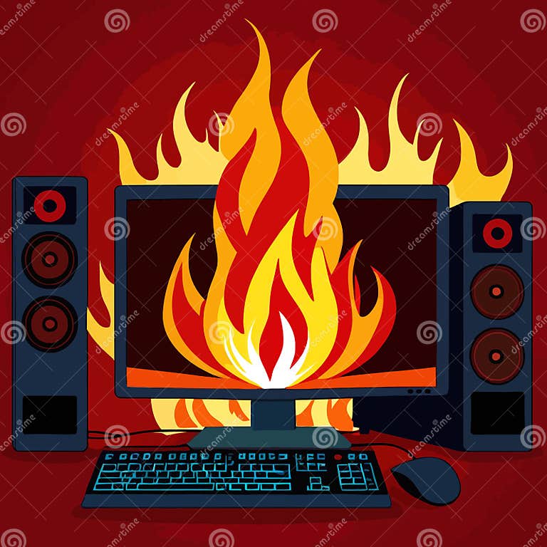 Computer on Fire, Indicating Computer Overheating and Failure, Vector ...