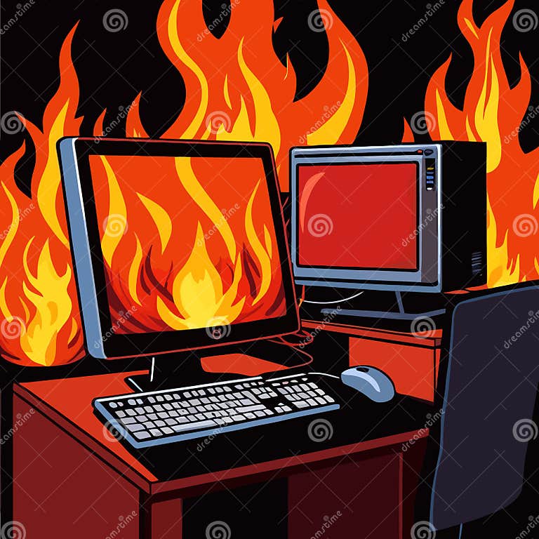 Computer on Fire, Indicating Computer Overheating and Failure, Vector ...