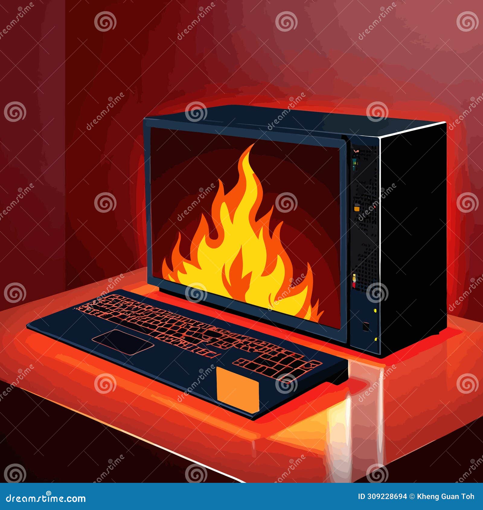 Computer on Fire, Indicating Computer Overheating and Failure, Vector ...