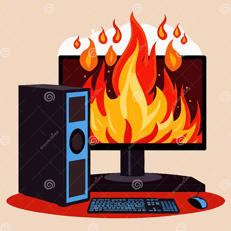 Computer on Fire, Indicating Computer Overheating and Failure, Vector ...