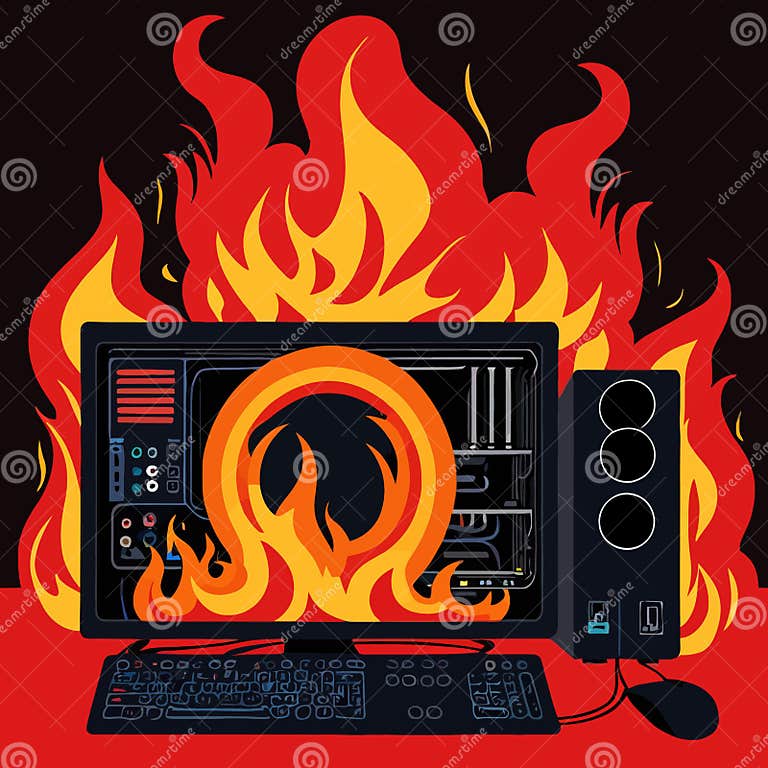 Computer on Fire, Indicating Computer Overheating and Failure, Vector ...