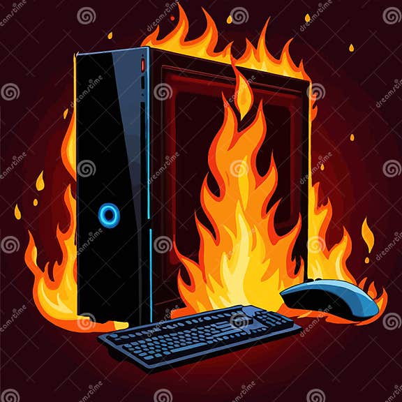 Computer on Fire, Indicating Computer Overheating and Failure, Vector ...