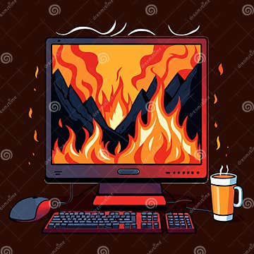 Computer on Fire, Indicating Computer Overheating and Failure, Vector ...